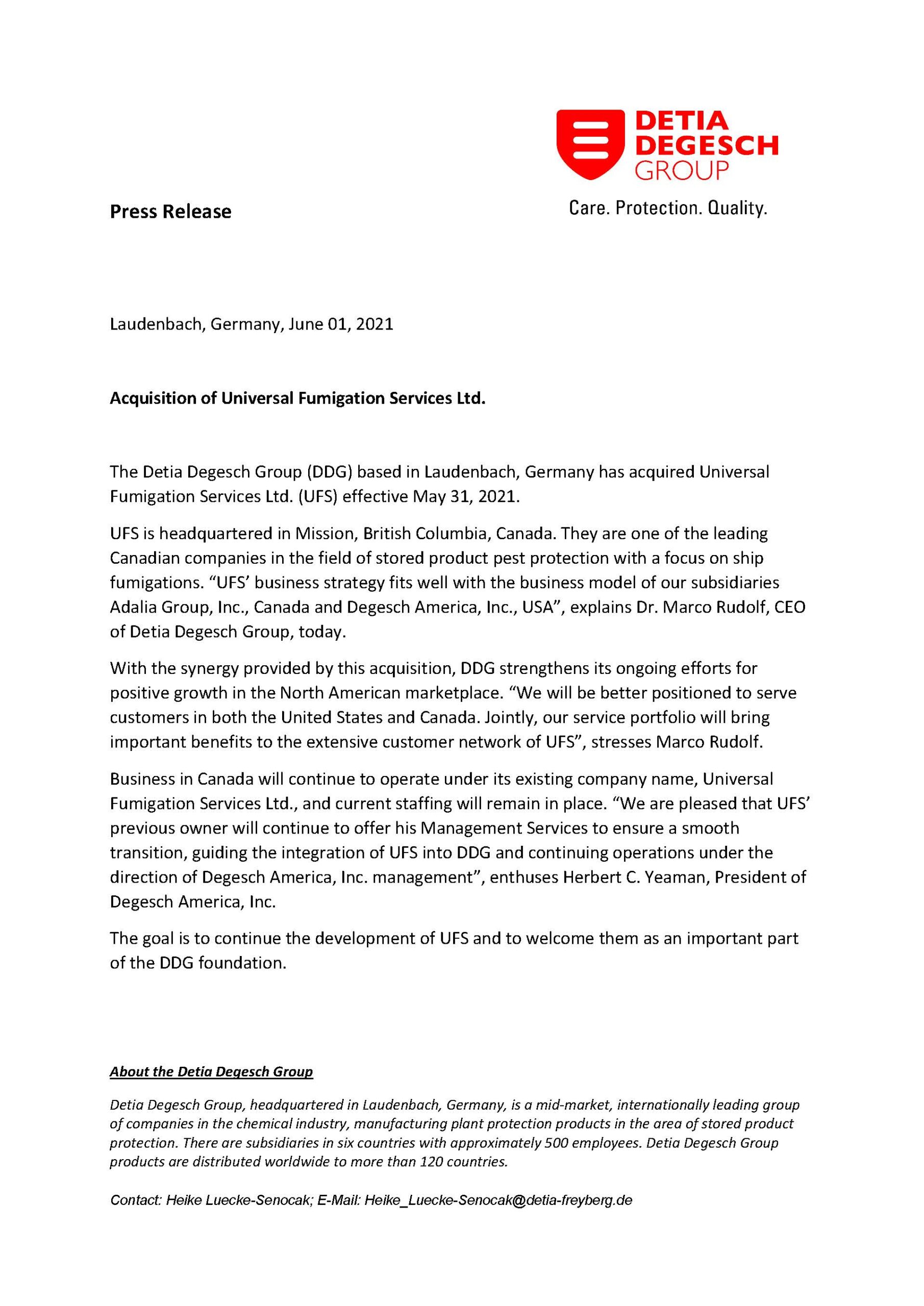 The Detia Degesch Group (DDG) based in Laudenbach, Germany has acquired ...